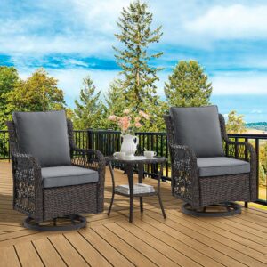 gaomon 3 pieces outdoor swivel rocker chair set of 2 with glass top table, outdoor swivel glider rocker, wicker swivel chair set for patio porch pool (dark brown wicker/gray cushion)