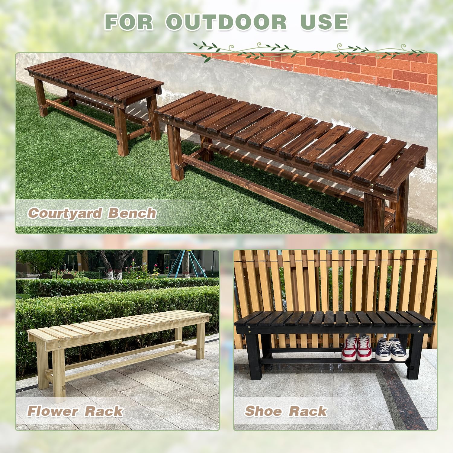 LSPYYDS Outdoor Garden Bench, 2-Person Wood Patio Bench Weatherproof Outdoor Backless Bench, Anti-Corrosion and Anti-Rust Garden Benches for Garden Lawn Porch Park Backyard (Natural,47.25''/120cm)