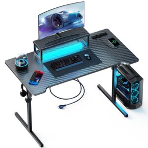 domicon small gaming desk with led lights & power outlets, 39 inch computer desk with monitor stand, pc gaming table with carbon fiber, black