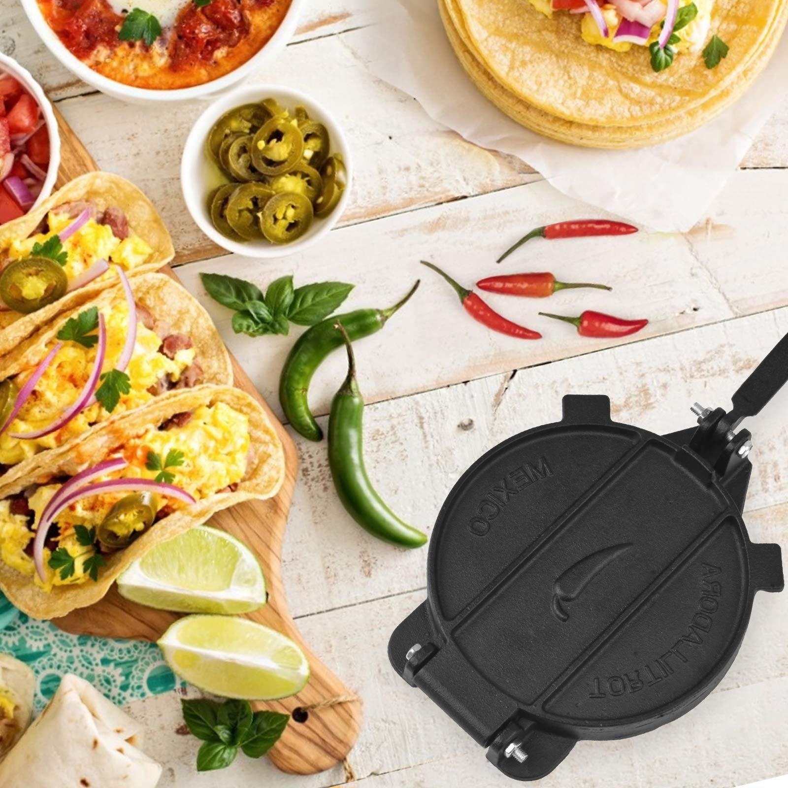 Cast Iron Tortilla Press Roti Maker - 6.5 inch Heavy Duty Tortillera Pataconera, Flour Tortilla Press, Taco Maker, Taco Press for make Indian style Chapati, Flour Tortilla, Roti, Black Gray