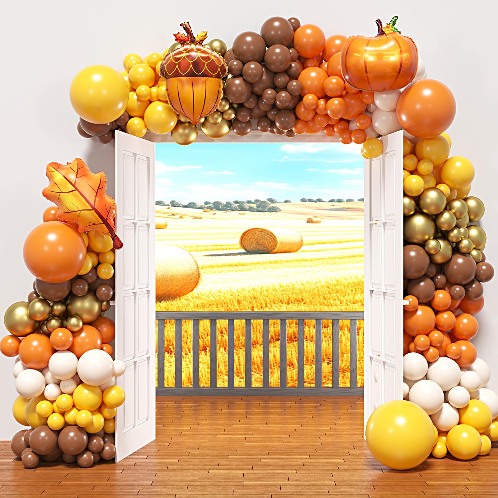 Fall Thanksgiving Balloon Arch Kit Orange Yellow Brown Balloons with Pumpkin Acorn Foil Balloons for Fall Thanksgiving Autumn Harvest Baby Shower Friendsgiving Turkey Party Decorations