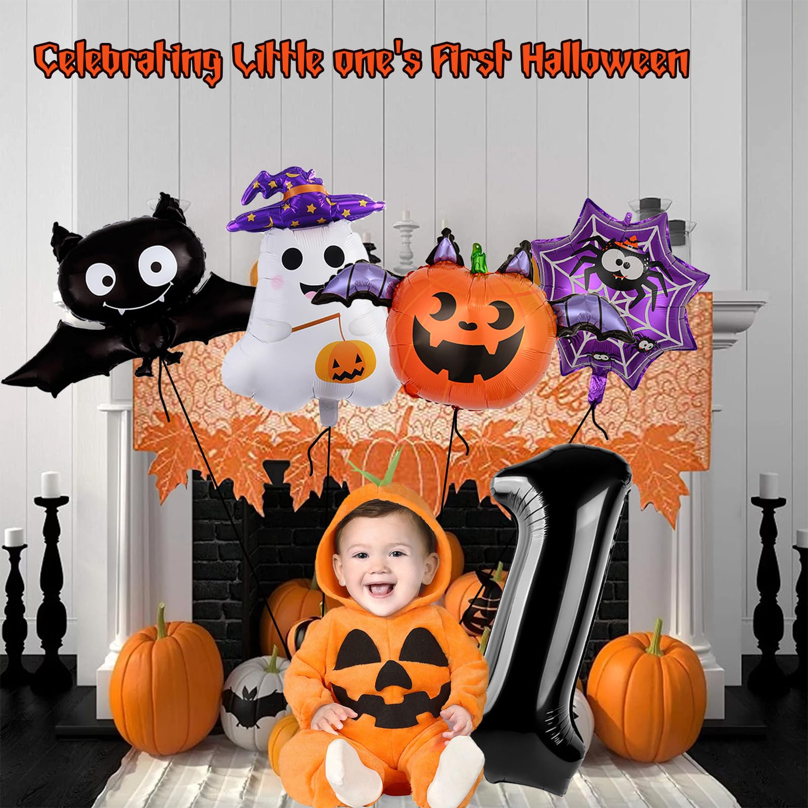 First Halloween for Kids Decoration First Birthday Party Supplies 40 Inch Black One Balloon Ghosts Pumpkins Spider Webs Bats Party Decorations 1st Birthday Party Decorations Backdrops for Boys Girls