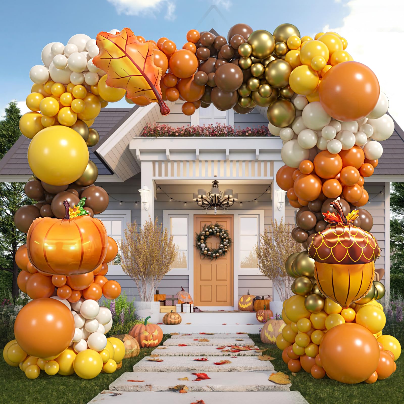 Fall Thanksgiving Balloon Arch Kit Orange Yellow Brown Balloons with Pumpkin Acorn Foil Balloons for Fall Thanksgiving Autumn Harvest Baby Shower Friendsgiving Turkey Party Decorations