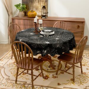 AUSHENKE Halloween Polyester Tablecloth Fabric Round Black Spider Web Tablecloth Halloween Round Washable Table Cover for Halloween Dinning Table Decorations, 55 Inch