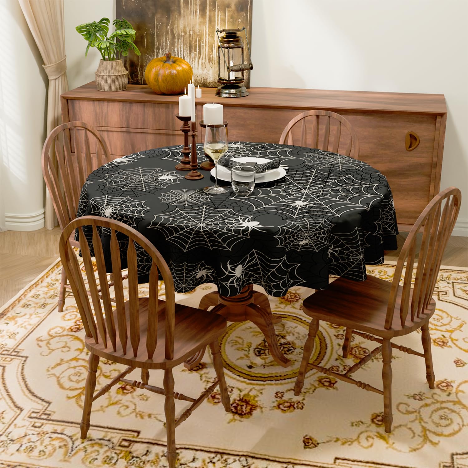 AUSHENKE Halloween Polyester Tablecloth Fabric Round Black Spider Web Tablecloth Halloween Round Washable Table Cover for Halloween Dinning Table Decorations, 55 Inch