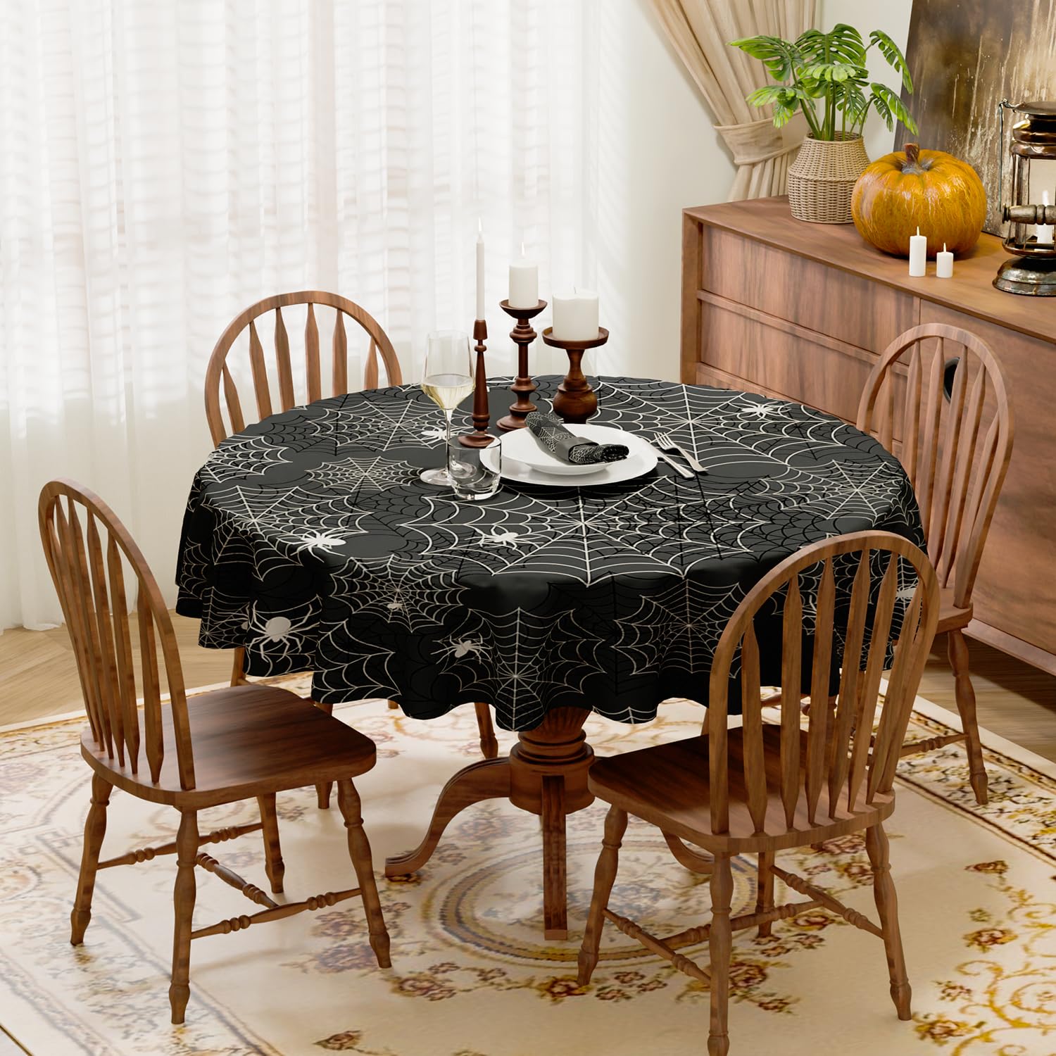 AUSHENKE Halloween Polyester Tablecloth Fabric Round Black Spider Web Tablecloth Halloween Round Washable Table Cover for Halloween Dinning Table Decorations, 55 Inch