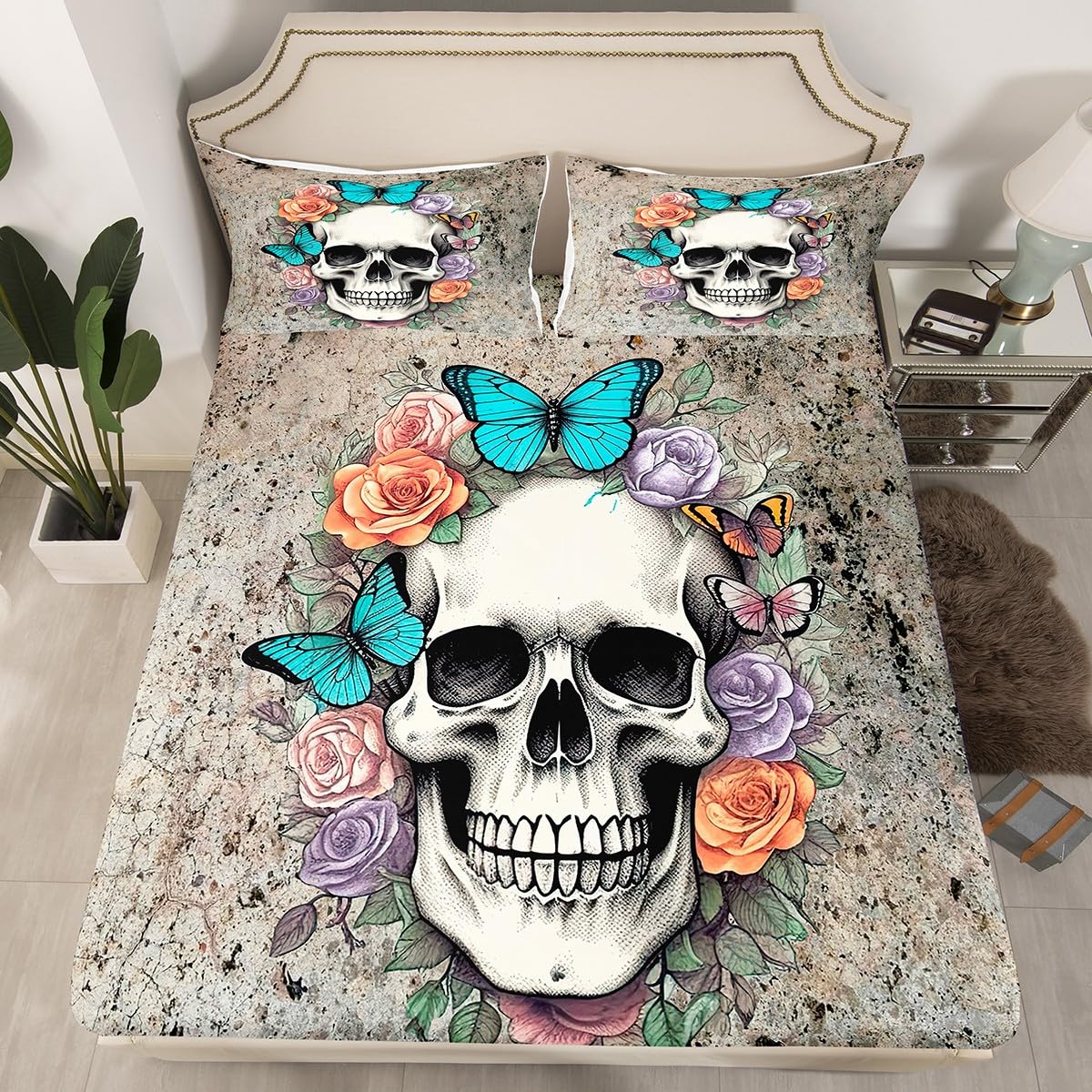 Feelyou Skull Fitted Sheet Full Size Flower Bedding Set for Boys Girls Teens Butterfly Bed Sheet Set Grey Bed Cover Room Decor