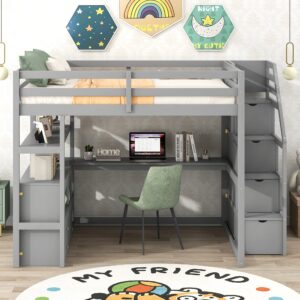 harper & bright designs gray full loft bed with staircase and desk, wooden full size loft bed with storage shelves & 2 drawers, full loft bed frame with step for kids boys girls teens