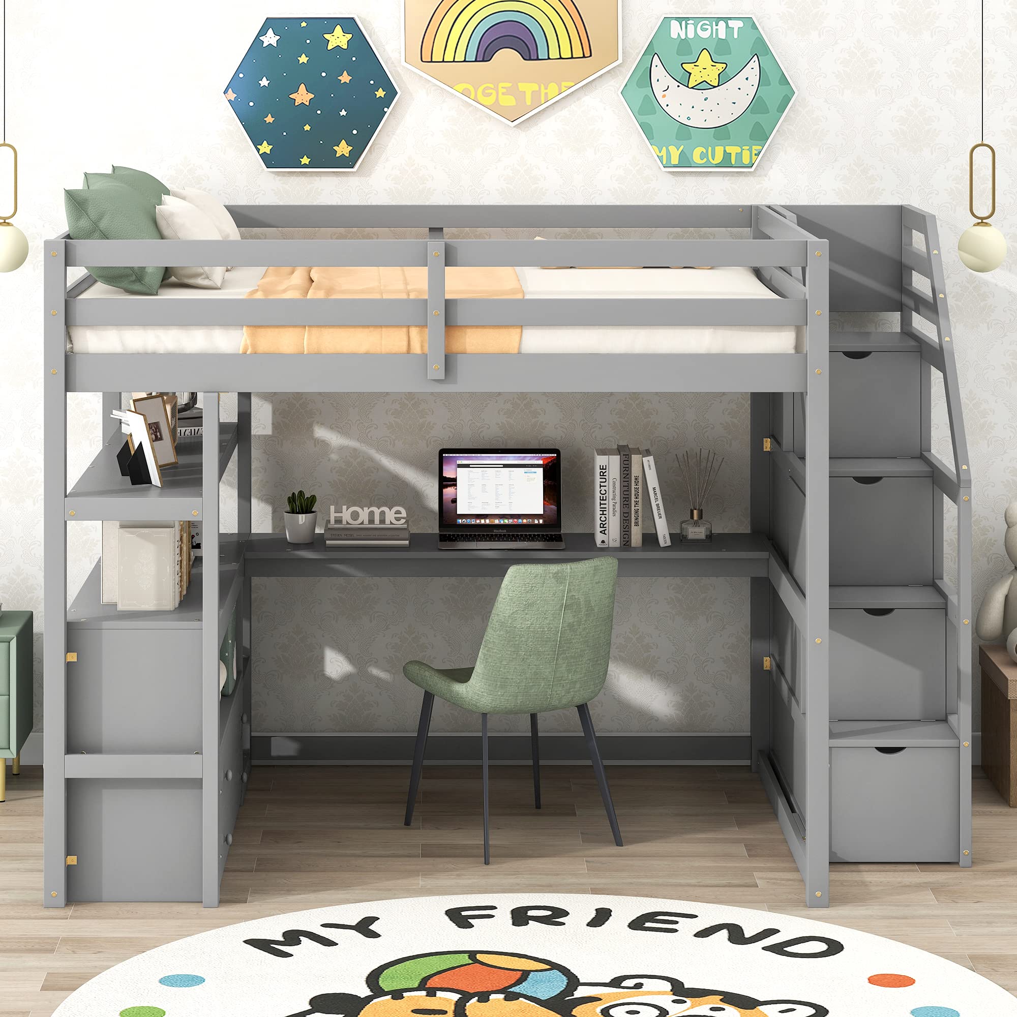 Harper & Bright Designs Gray Full Loft Bed with Staircase and Desk, Wooden Full Size Loft Bed with Storage Shelves & 2 Drawers, Full Loft Bed Frame with Step for Kids Boys Girls Teens