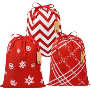 shintop cotton christmas gift bags drawstring, 3pcs 20x16inch reusable fabric wrapping sacks cloth holiday pouches with tags for odd shaped presents