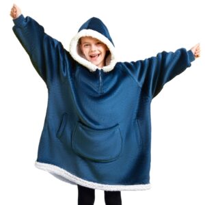 giggling getup wearable blanket hoodie for girls boys - oversized flannel sherpa fleece hooded blanket - soft cozy warm blanket sweatshirt gifts with giant pocket and sleeves for kids navy