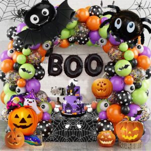 halloween balloons decorations, halloween balloon arch kit with pumpkin bats spider, purple orange and black eye boo balloons halloween balloon garland for halloween party supplies