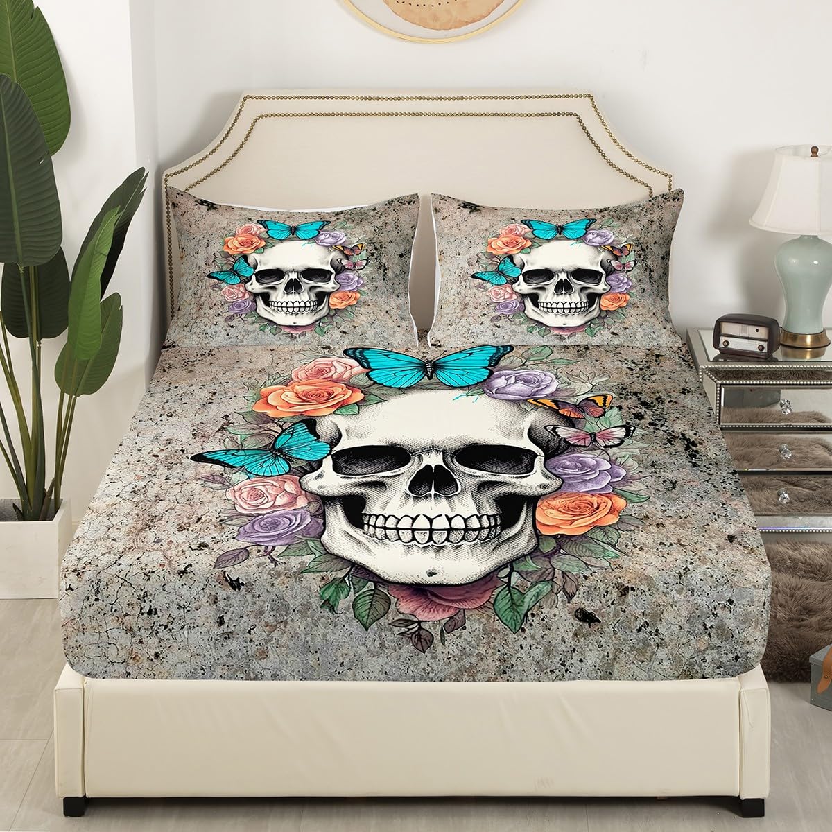 Feelyou Skull Fitted Sheet Full Size Flower Bedding Set for Boys Girls Teens Butterfly Bed Sheet Set Grey Bed Cover Room Decor