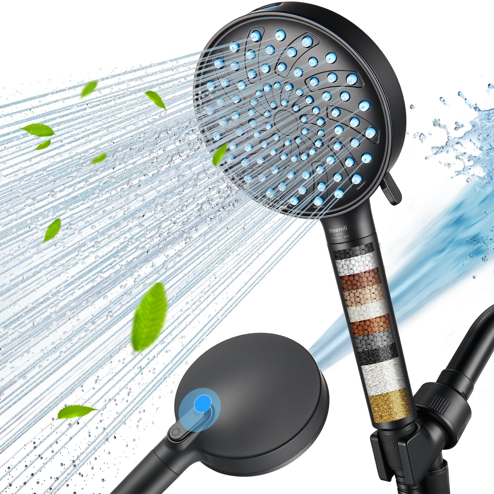 Heemli Filtered Shower Head with Handheld, High Pressure 7 Spray Mode Showerhead with Filters, Water Softener Filters for Hard Water - Remove Chlorine - Reduces Dry Itchy Skin, Matte Black