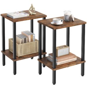 gewudraw end table set of 2, narrow side table, small nightstand, 2-tier sofa table with storage shelf for small spaces, living room, bedroom, office, rustic brown and black