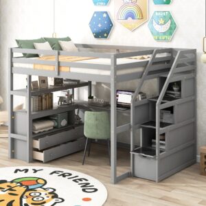 Harper & Bright Designs Gray Full Loft Bed with Staircase and Desk, Wooden Full Size Loft Bed with Storage Shelves & 2 Drawers, Full Loft Bed Frame with Step for Kids Boys Girls Teens