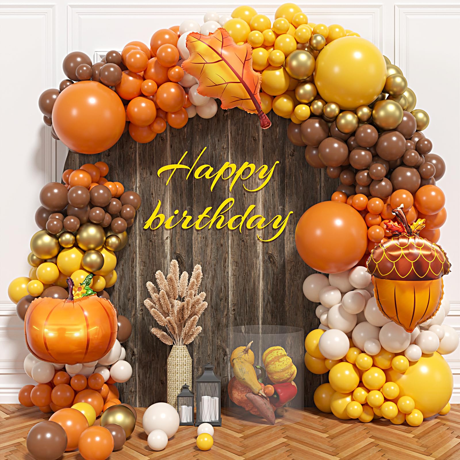 Fall Thanksgiving Balloon Arch Kit Orange Yellow Brown Balloons with Pumpkin Acorn Foil Balloons for Fall Thanksgiving Autumn Harvest Baby Shower Friendsgiving Turkey Party Decorations