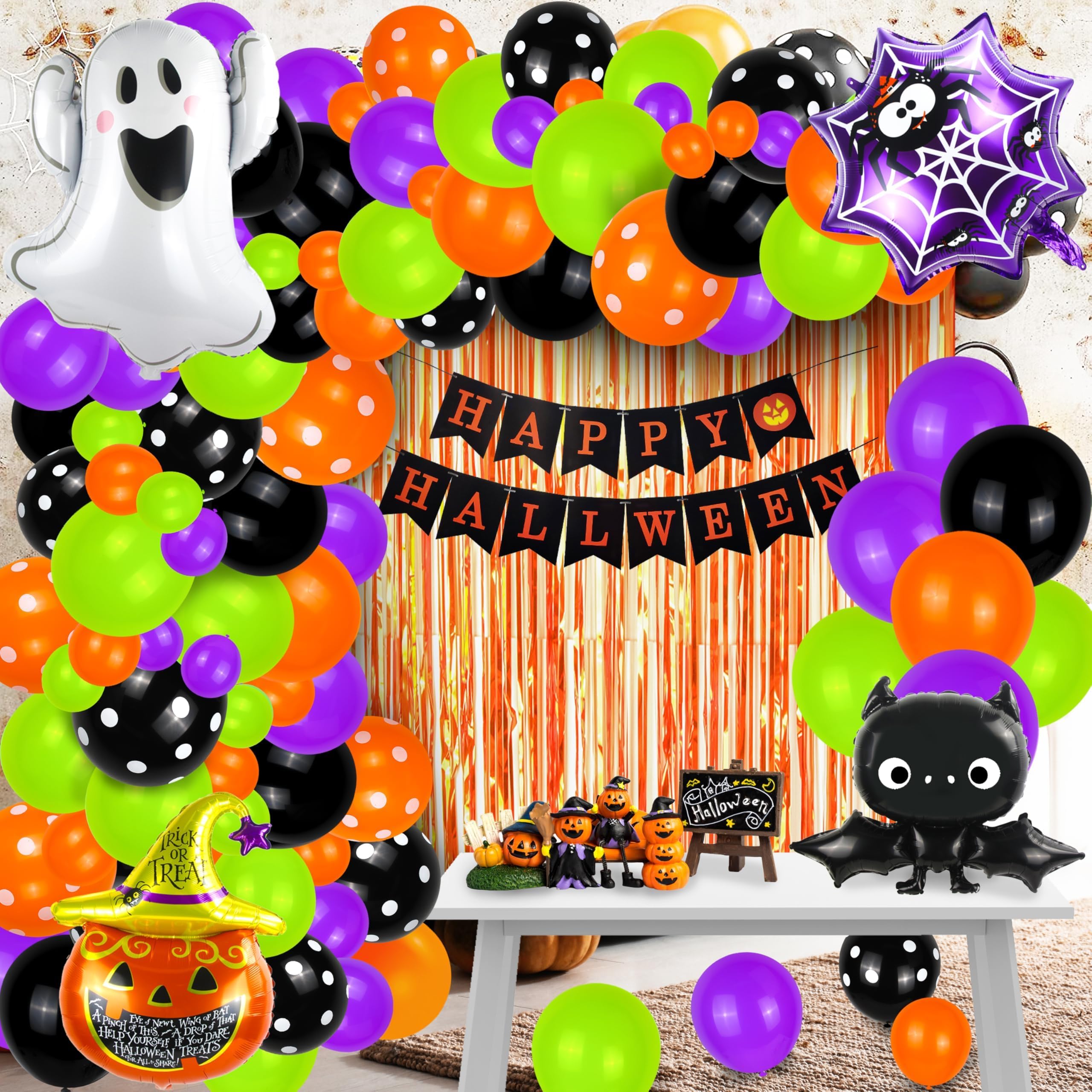 Halloween Foil Balloons Set, 5/10/12/18 Inches Full Set Halloween Balloons Decoration Spider Web Banner Black Purple Orange Green Pumpkin Ghost Bat Balloons for Halloween Home Decor