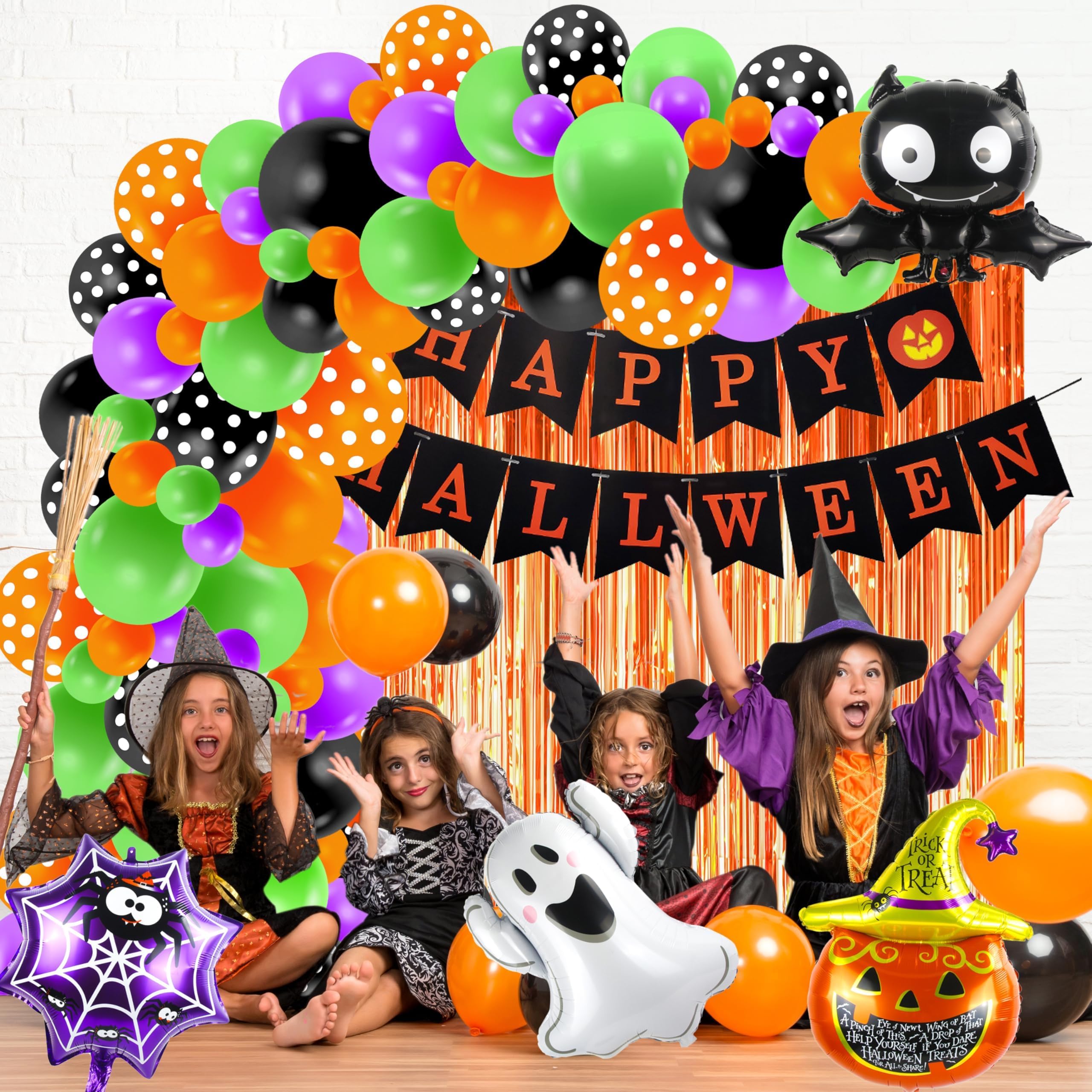 Halloween Foil Balloons Set, 5/10/12/18 Inches Full Set Halloween Balloons Decoration Spider Web Banner Black Purple Orange Green Pumpkin Ghost Bat Balloons for Halloween Home Decor