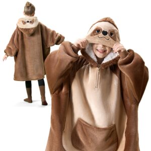 Giggling Getup Sloth Wearable Blanket Hoodie - Oversized Soft Sherpa Fleece Hooded Blanket - Warm Cozy Plush Flannel Blanket Sweatshirt Gifts - with Giant Pocket and Sleeves for Kids Girls Boys