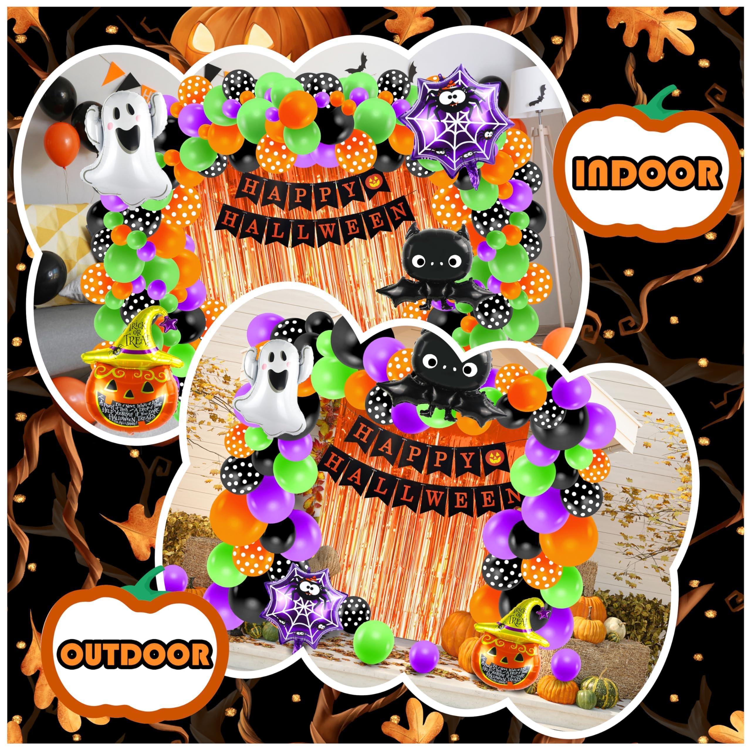 Halloween Foil Balloons Set, 5/10/12/18 Inches Full Set Halloween Balloons Decoration Spider Web Banner Black Purple Orange Green Pumpkin Ghost Bat Balloons for Halloween Home Decor