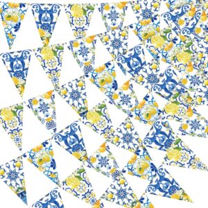 faccito 5 pcs blue tiles lemon decor lemon bunting banners blue tiles paper pennant garlands lemonade hanging triangle flags for wedding birthday bridal shower bachelorette party decorations