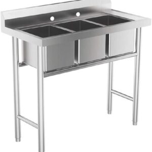 3 Compartment Sink Commercial Stainless Steel Utility Sink w/3*Drains, Outdoor Sink 3 Bay Sink Restaurant Sink, 39 * 17.7 * 37.4in