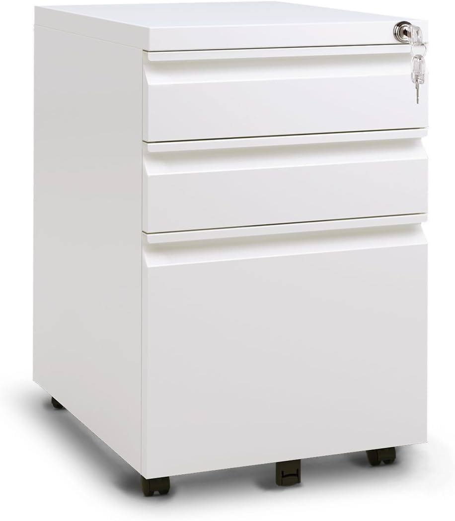 Daokesecr Filing Cabinets for Home Office, 3 Drawer File Cabinet with Lock, Under Desk Home Office Cabinet, Locking File Cabinet for A4/Letter/Legal, Fully Assembled Expect Casters, Matte White