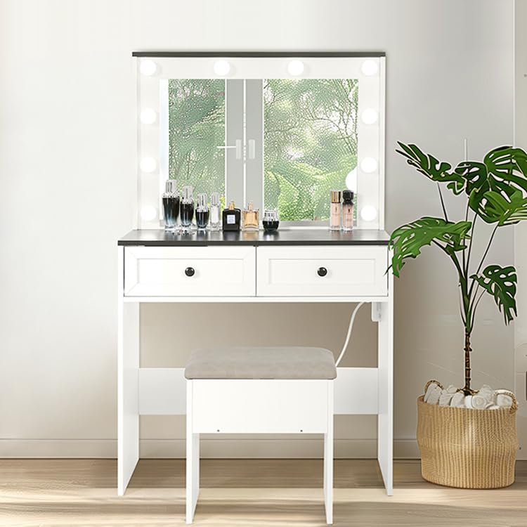 elifine 30" Vanity Desk with Mirror and Lights - Farmhouse Makeup Vanity Table and Chair Set, Compact Makeup Desk with 2 Drawers & Power Outlet for Women Girls (BW1 with Stool)