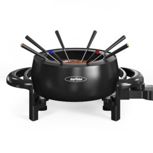 sunvivi electric fondue pot set for cheese & chocolate,temperature control, 8-color coded forks, for cheese, chocolate, hot oil, broth, 3 quarts