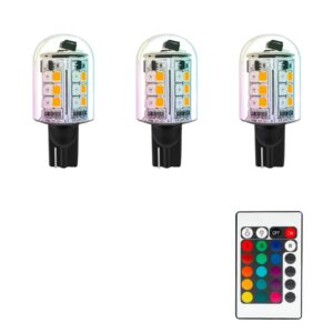 makergroup rgb t5 t10 wedge base led light bulbs 12v color changing, warm white+15 multicolors and 4-level brightness on remote control for outdoor low voltage landscape lighting