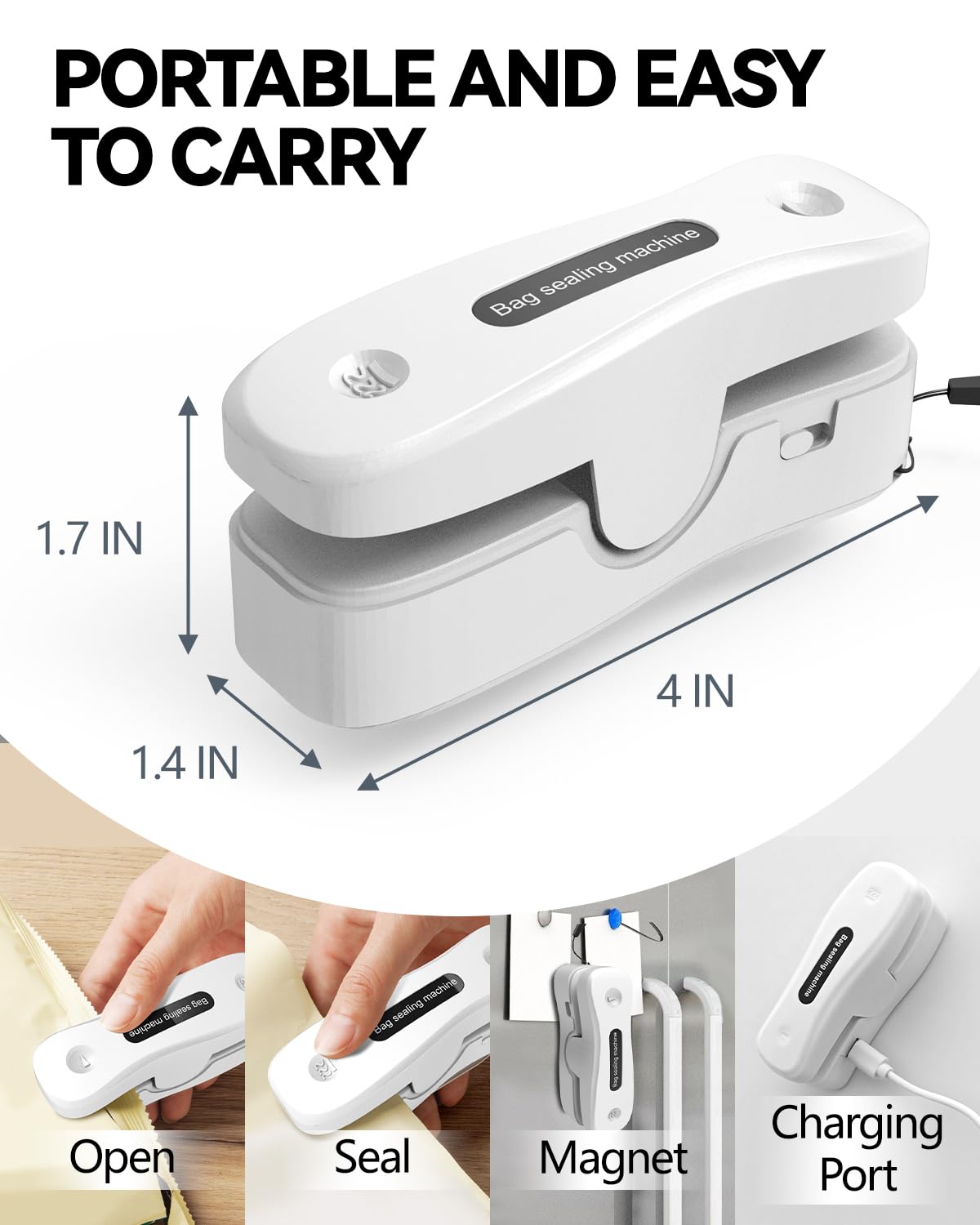 Mini Bag Sealer, Rechargeable Bag Sealer 2-in-1 Bag Sealer and Cutter Easy-use Snack Sealer with Magnet Portable Bag Resealer USB Mini Sealer for Chip Bag Plastic Bag Storage Freshness