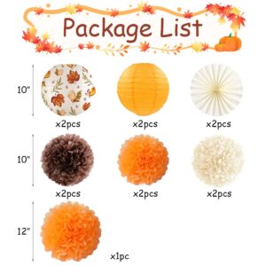 Fall Party Decorations 13Pcs Maple Leaves and Orange Paper Lattern, Orange and Beige Pom Poms for Fall Harvest Thanksgiving Bridal Show Wedding Autumn Birthday Party Supplies