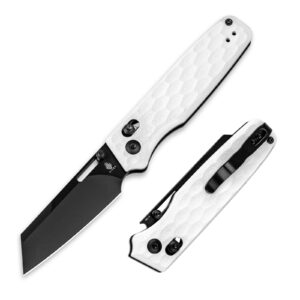 kizer task pocket knife, 3.04 inch nitro v sheepsfoot blade edc knife with customized clutch lock, small white g10 handle folding knife with clip, thumb stud opener hunting camping knife, v3641a1