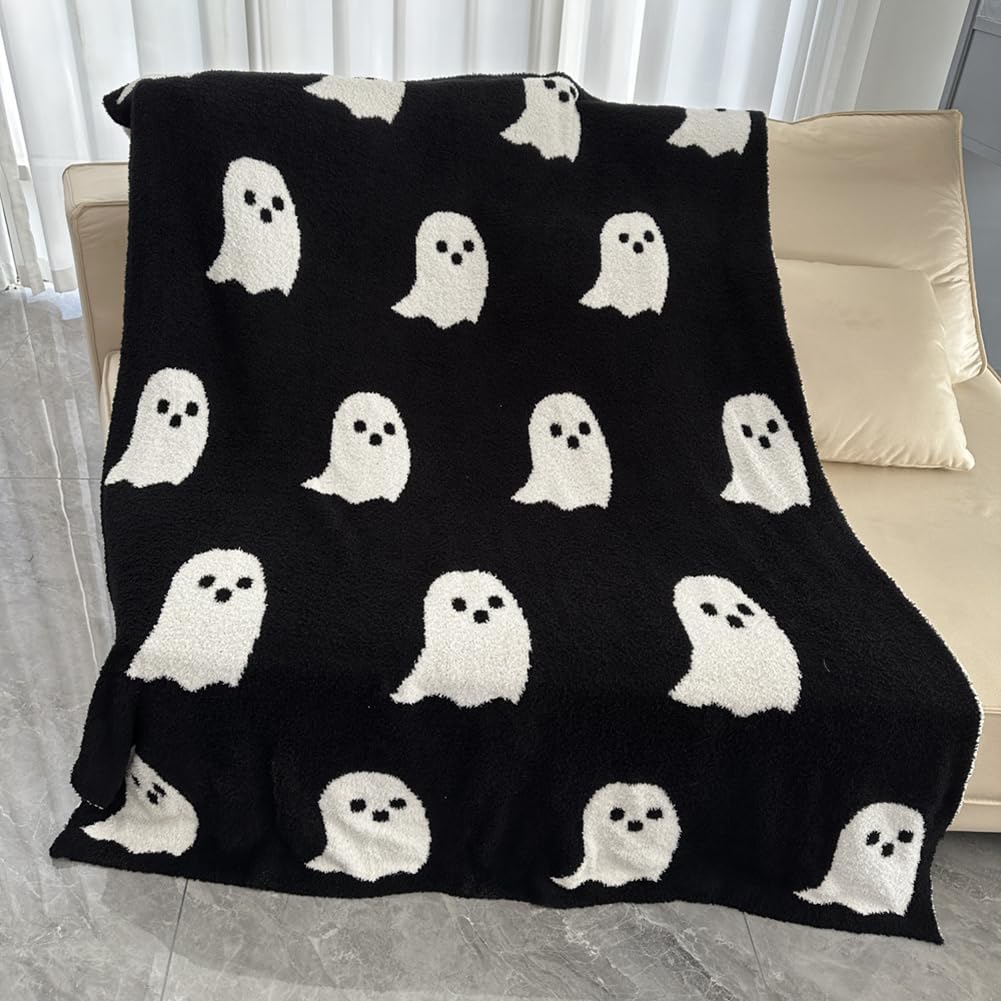 Halloween Ghost Throw Blanket, Ghost Pattern Blanket, Microfiber Ghost Flannel Blanket, Soft Cozy Plush Spooky Halloween Blanket for Bed Sofa Couch Home Decor (Black, 50" x 60")