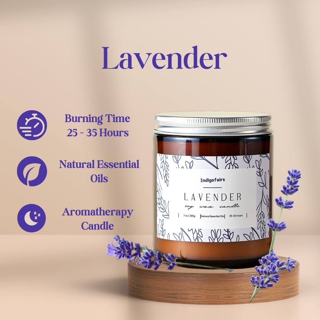 Indigofairs Lavender Candle, 7oz Medium Jar Scented Candle, Aromatherapy Candle for Home Scented, 40 Hours of Burn Time Candle for Women/Men