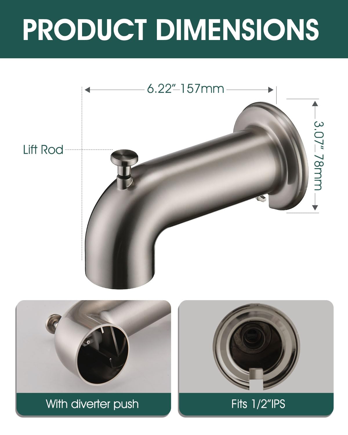 LOCALAND Extra Long Tub Spout with Diverter, Fits for 1/2" IPS Threads,Brushed Nickel