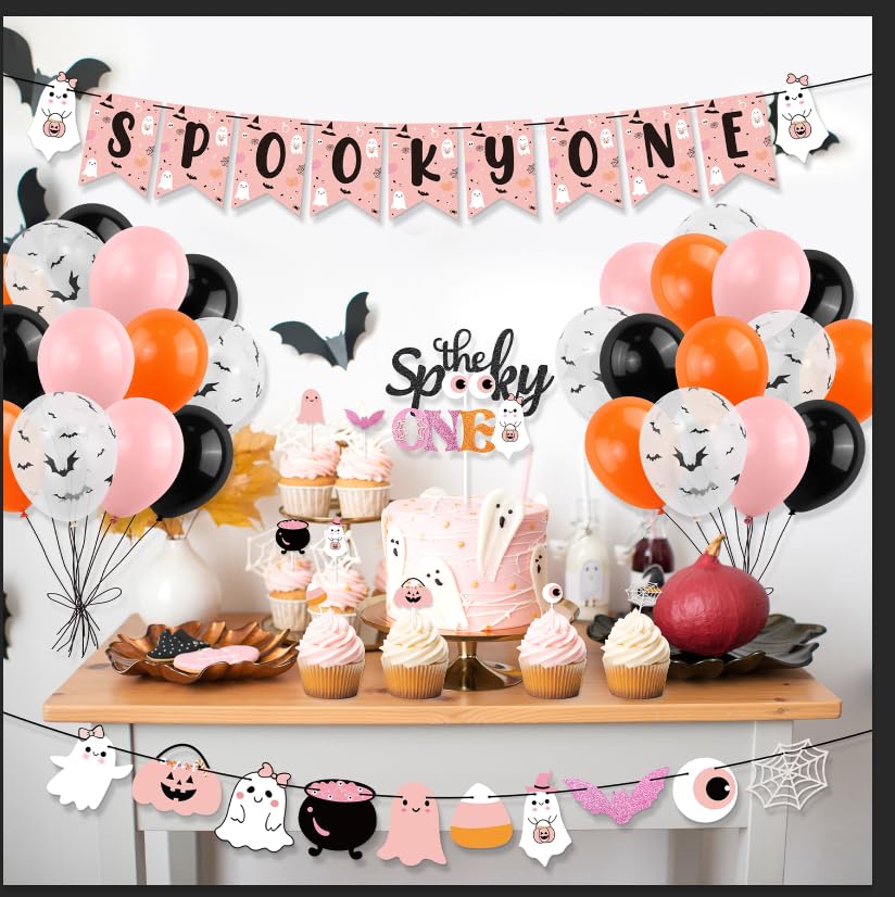 Girl Halloween 1st Birthday Party Decor Halloween Spooky One Banner Cute Ghost Cake Topper Balloon for Halloween Theme Little Boo First Birthday Happy Boo Day Baby Shower The Spooky One Party Supplies