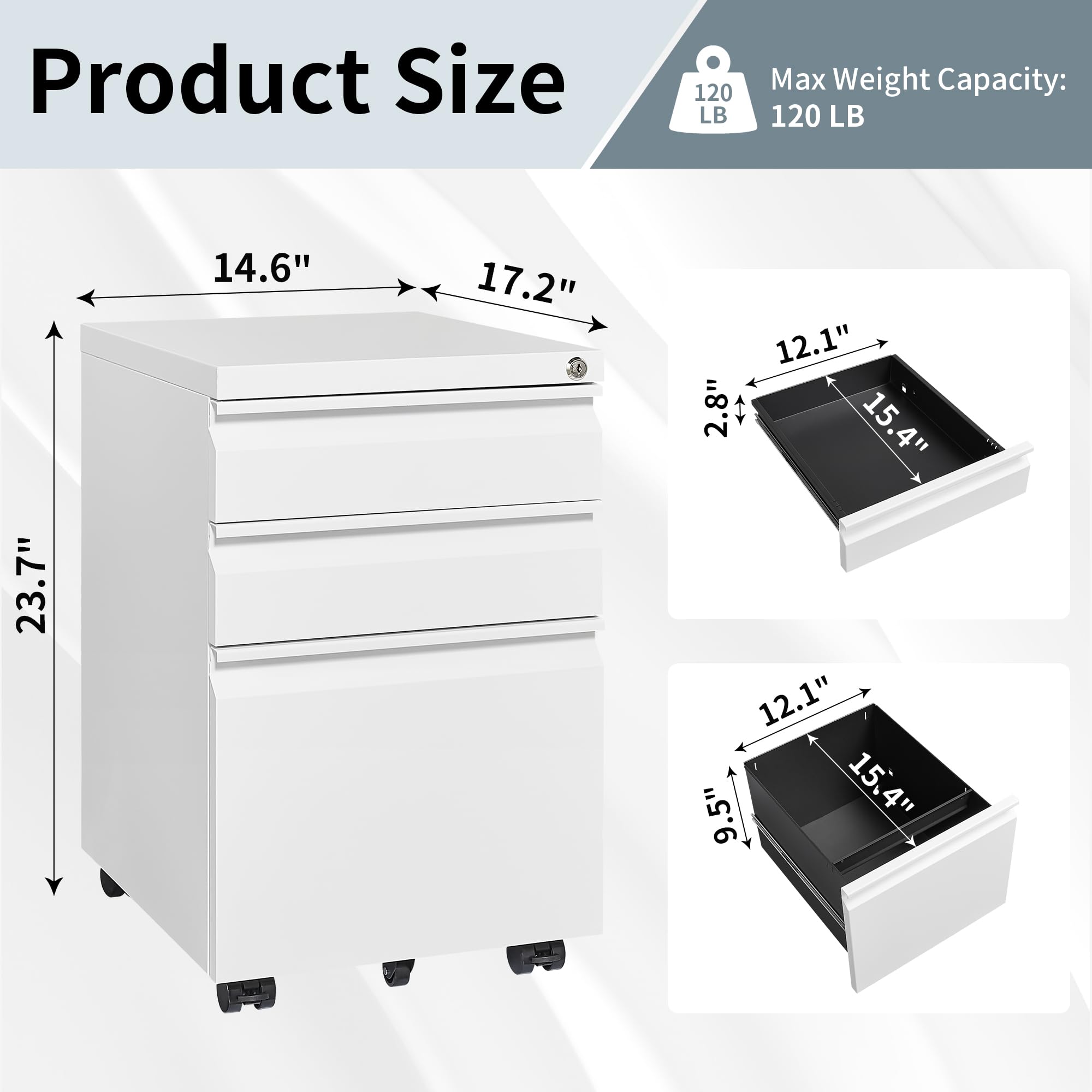 Daokesecr Filing Cabinets for Home Office, 3 Drawer File Cabinet with Lock, Under Desk Home Office Cabinet, Locking File Cabinet for A4/Letter/Legal, Fully Assembled Expect Casters, Matte White