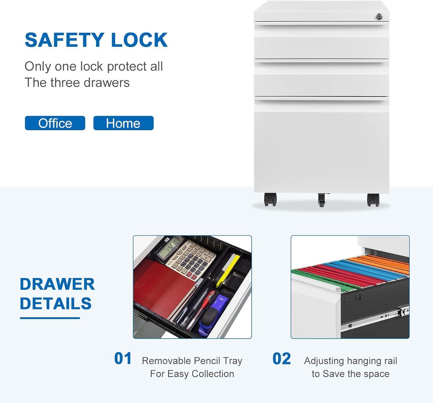 Daokesecr Filing Cabinets for Home Office, 3 Drawer File Cabinet with Lock, Under Desk Home Office Cabinet, Locking File Cabinet for A4/Letter/Legal, Fully Assembled Expect Casters, Matte White