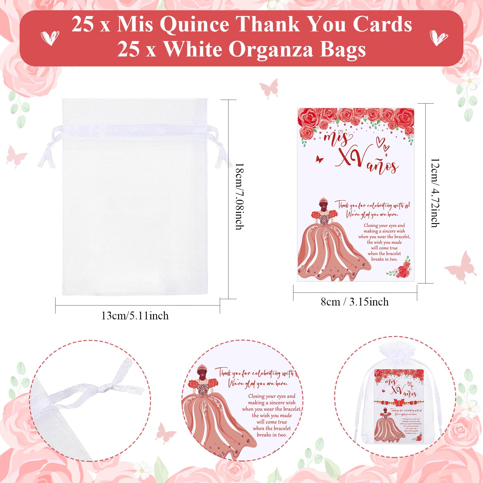 Wenqik 25 Sets Quinceanera Party Favors for Guests Recuerdos Para 15 Años Red Butterfly Wish Bracelets with Thank You Card and Organza Bag Quinceanera Gifts Mis Xv Años Birthday Party Favors