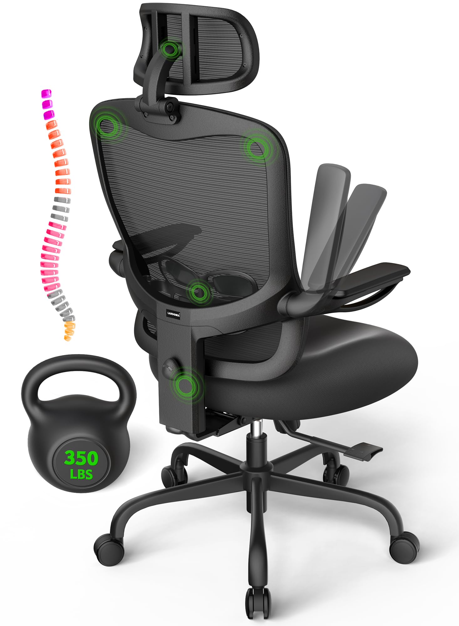 Ergonomic Office Chair Big and Tall - 6'5" Tall Max, 350Lbs Capacity Computer Desk Chairs Over 10 Hours Comfortable, with Adjustable Mesh High Back, Lumbar Support, 3D Headrest, Flip-up Arms