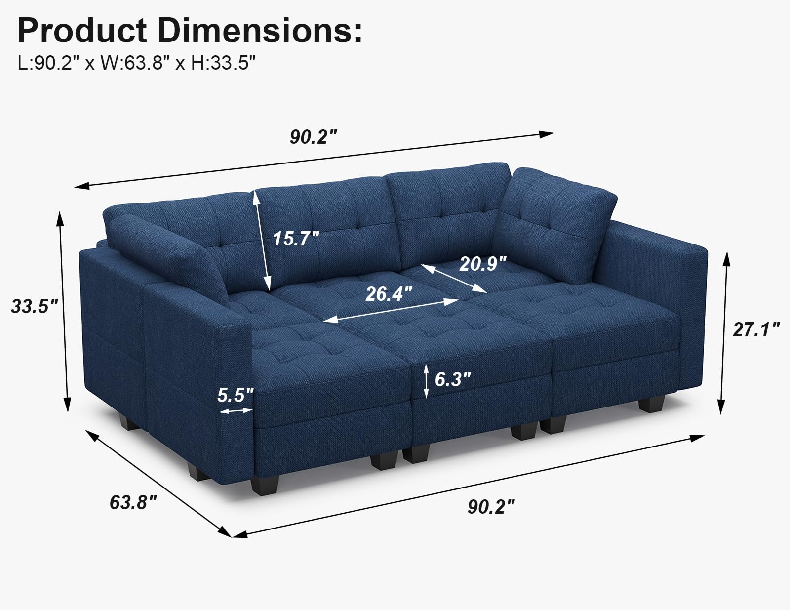 Belffin Modular Sleeper Sofa with Storage 6 Seat Sectional Couch Modular Sofa Bed for Living Room, Blue