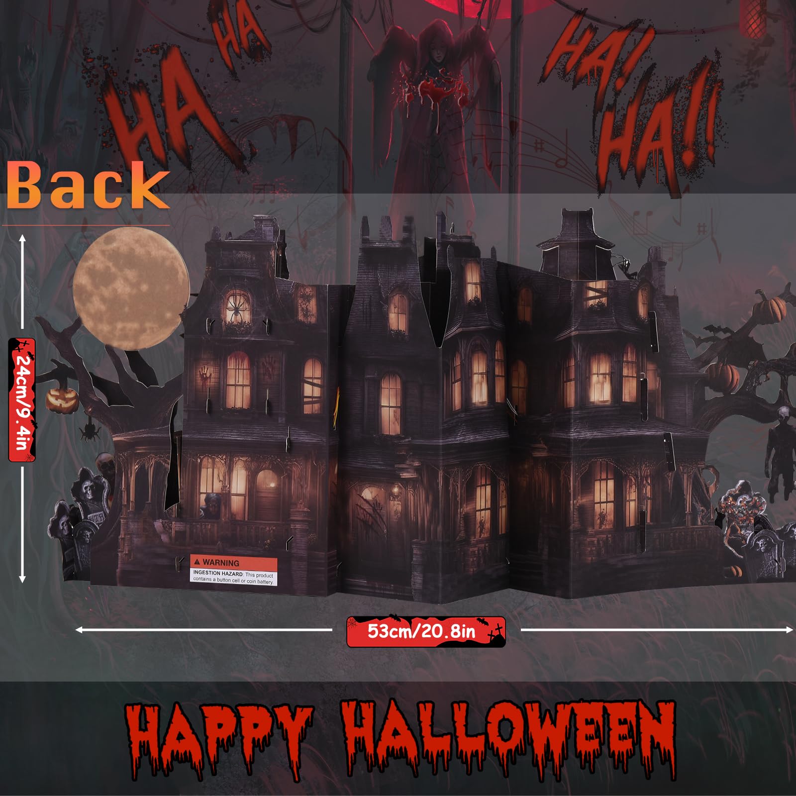 VIVIKEN Pop Up Halloween Card, 3D Jumbo Paper Halloween Spooky Castle Decoration Card with Lights and Music Includes Envelop and Note Card-Accordion Haunted House-Big Size