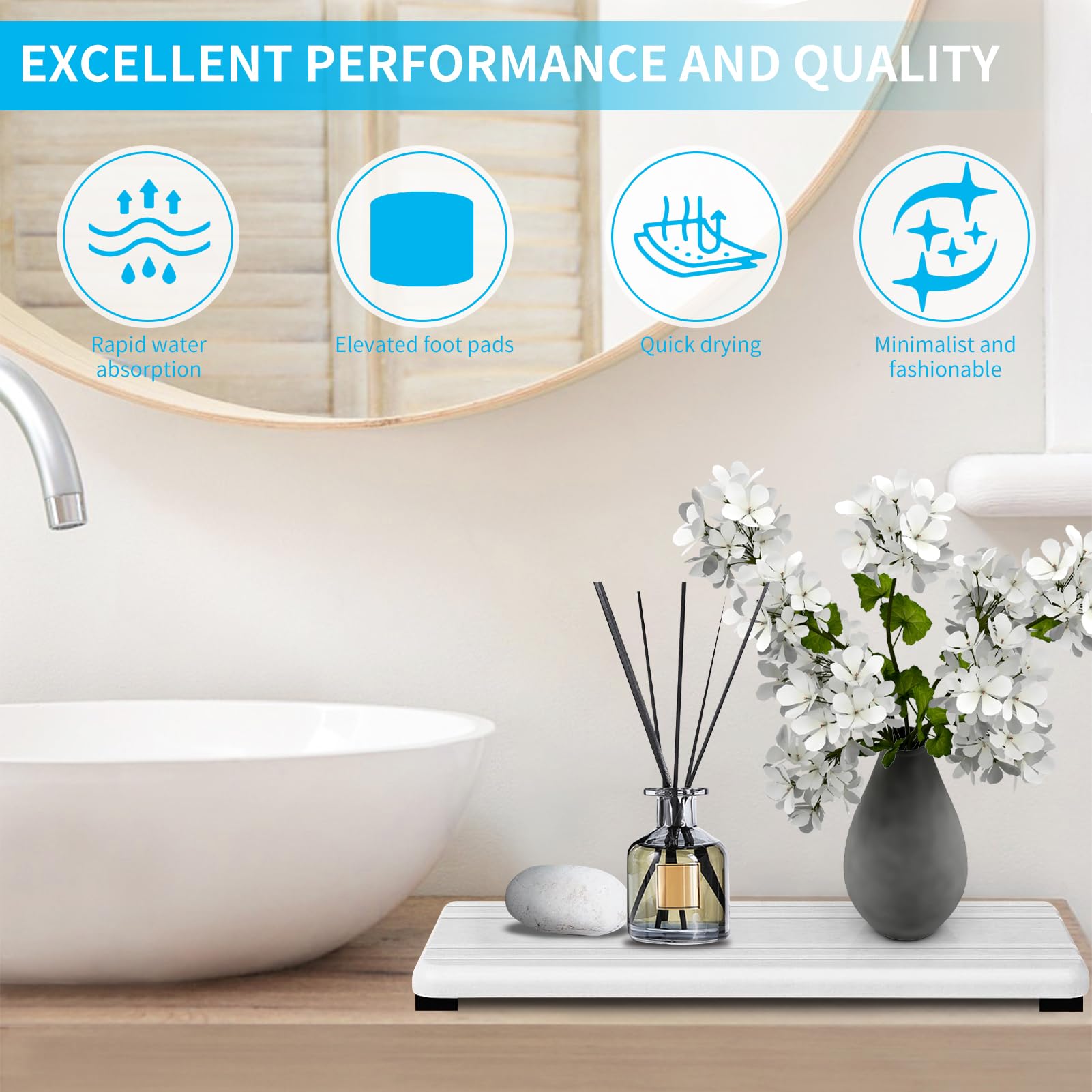 3PCS Water Absorbing Stone Tray for Sink, Drying Neat Diatomite Stone Sink Tray, Instant Dry Sink Coasters, Kitchen Sponge Hand Soap Holder Countertop for Bathroom & Kitchen (8 * 4inch and 4 * 4inch)