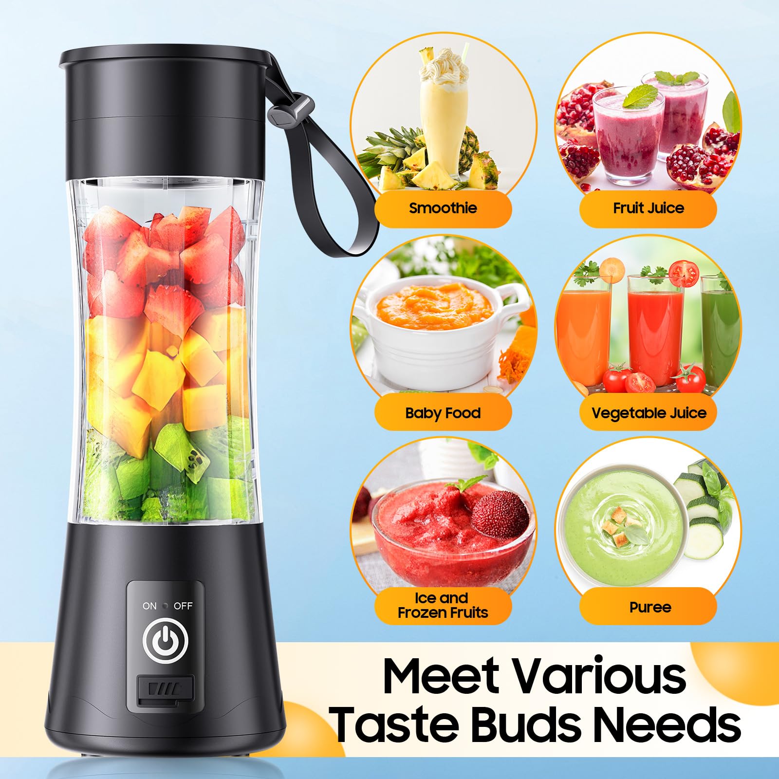 Portable Blender Personal Size Blender - Blender for Smoothies and Shakes, Mini Blender with Six Blades in 3D, Small Blender 380Ml Travel Cup, Freshly Squeezed for Picnic/Sprots/Office