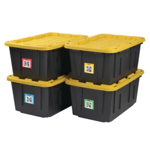 black & yellow cx, 27-gallon heavy duty tough storage container with smart qr label for easy itemization, weather-resistant, stackable bin with snap-tight lid (14.3”h x 20.6”w x 30.6”d) [4 pack]