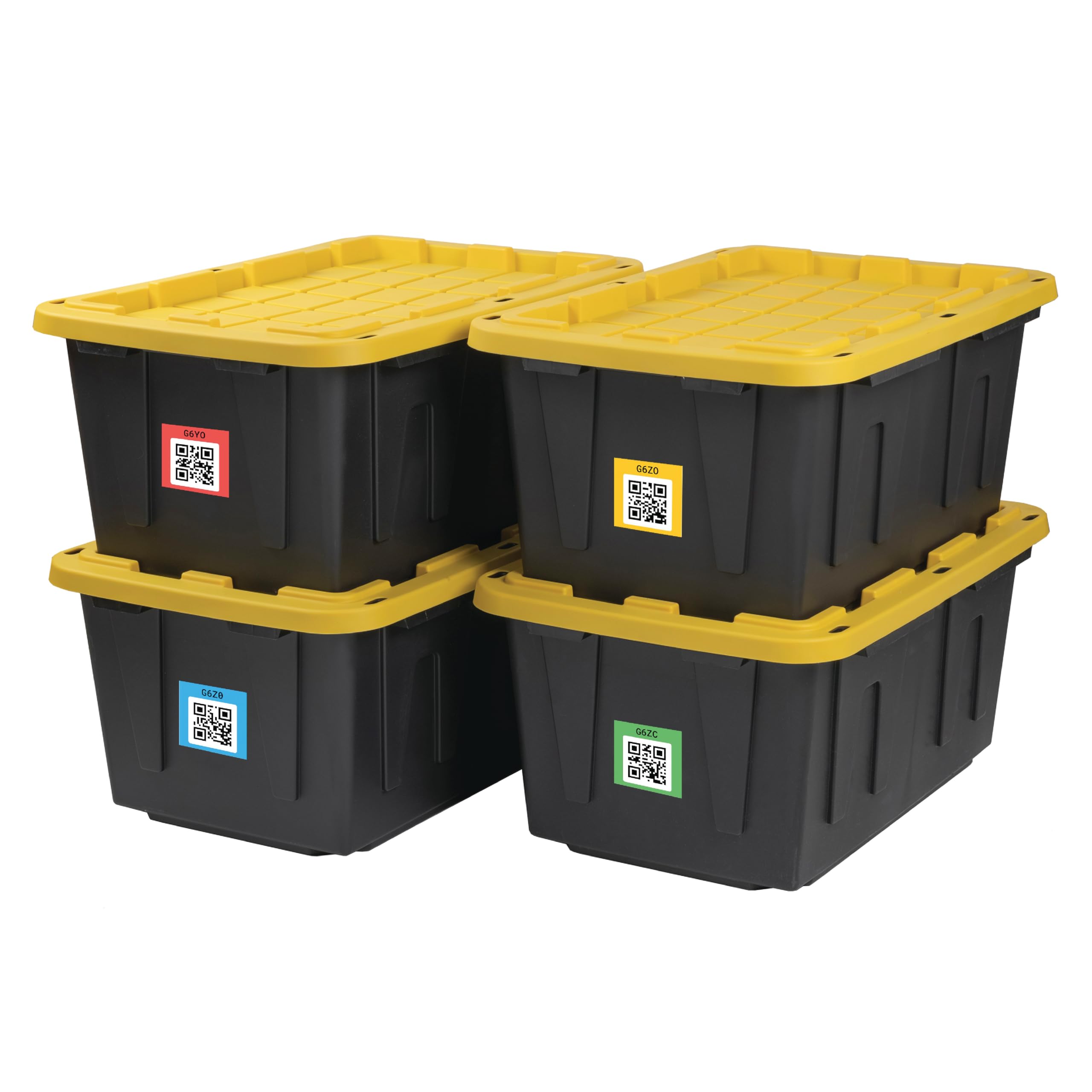 BLACK & YELLOW CX, 27-Gallon Heavy Duty Tough Storage Container with Smart QR Label for Easy Itemization, Weather-Resistant, Stackable Bin with Snap-Tight Lid (14.3”H x 20.6”W x 30.6”D) [4 Pack]