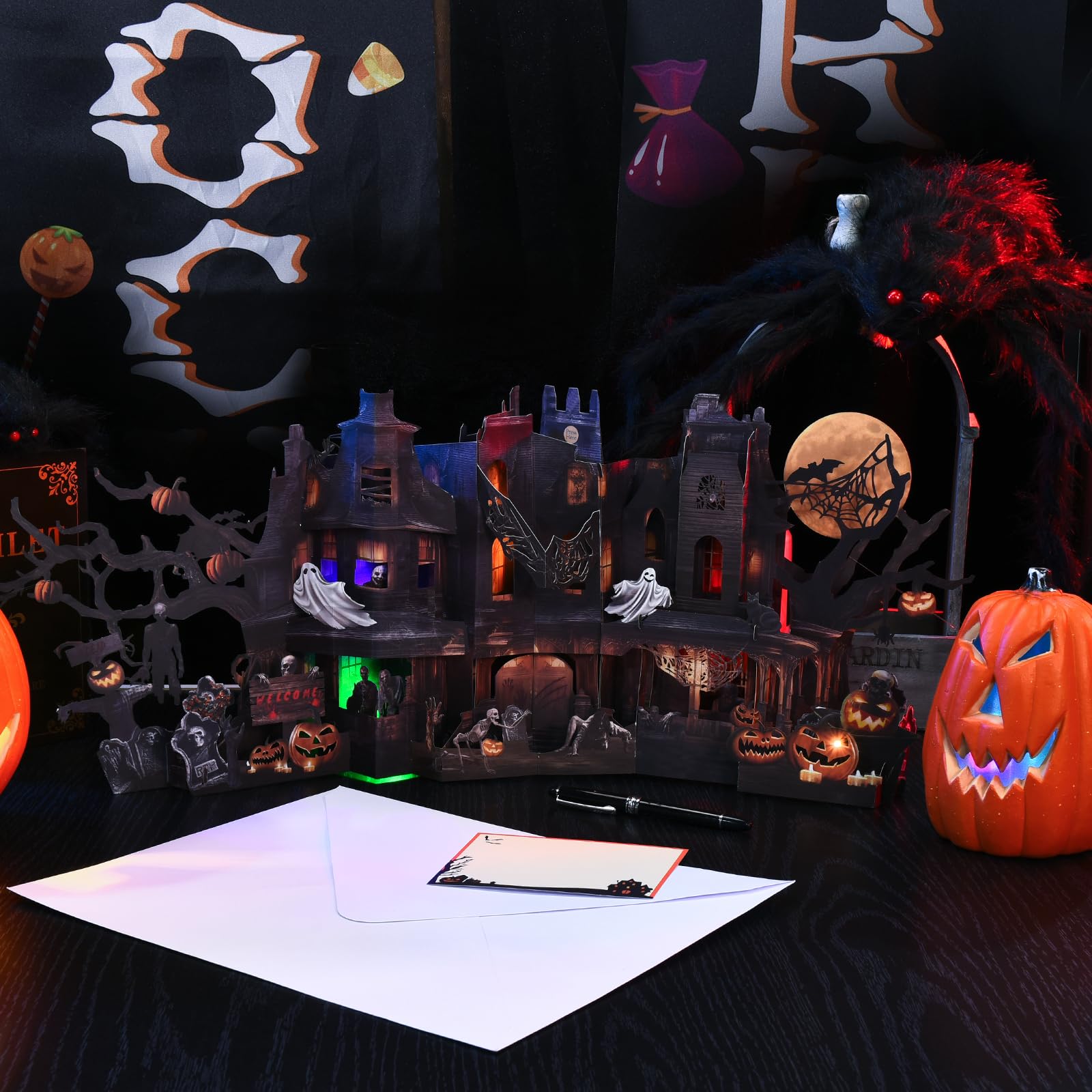 VIVIKEN Pop Up Halloween Card, 3D Jumbo Paper Halloween Spooky Castle Decoration Card with Lights and Music Includes Envelop and Note Card-Accordion Haunted House-Big Size