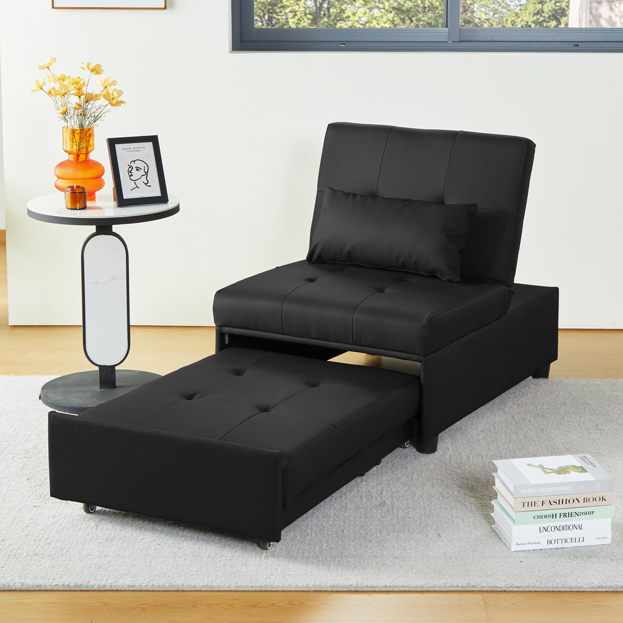 weselon 4-in-1 Convertible Chair Bed Leather, Pull Out Sofa Bed Sleeper Chair with Adjustable Backrest, Small Ottoman Single Bed for Home Living Room (Black)